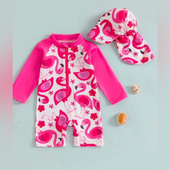 Swim | Nwt 2t 3t Pink Flamingo 2pc Rash Guard Swim Suit Bathing Sun Hat ...